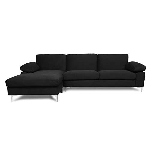 BENDIC Modern Velvet Fabric, L-Shape Couch with Extra Wide Chaise Lounge and Removable Cushions, Sectional Sofa for Living Room, Left Hand Facing,Up to 3 Seating Capacity,Black