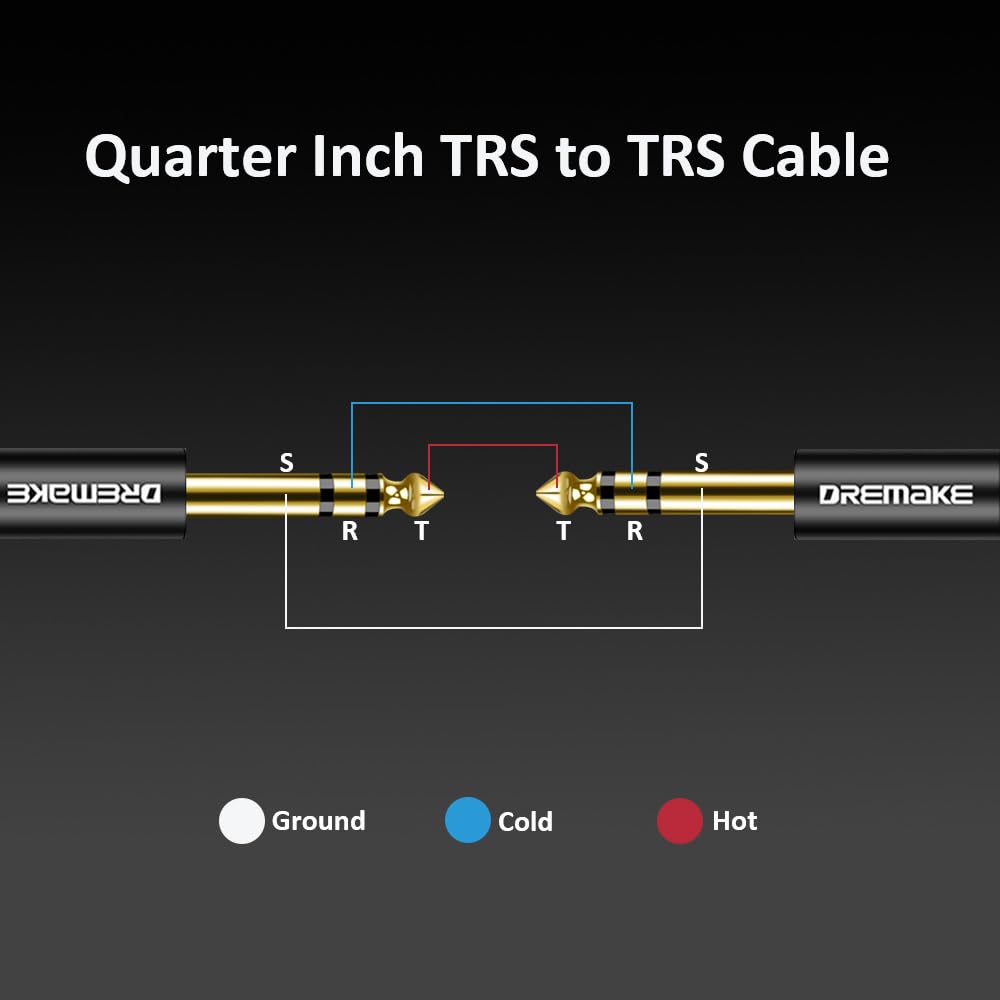 DREMAKE 6 Foot 6.35mm 1/4" Male TRS to 6.35mm 1/4" Male TRS Audio Patch Cord, 1/4 TRS Instrument Cable for Guitar, Keyboard
