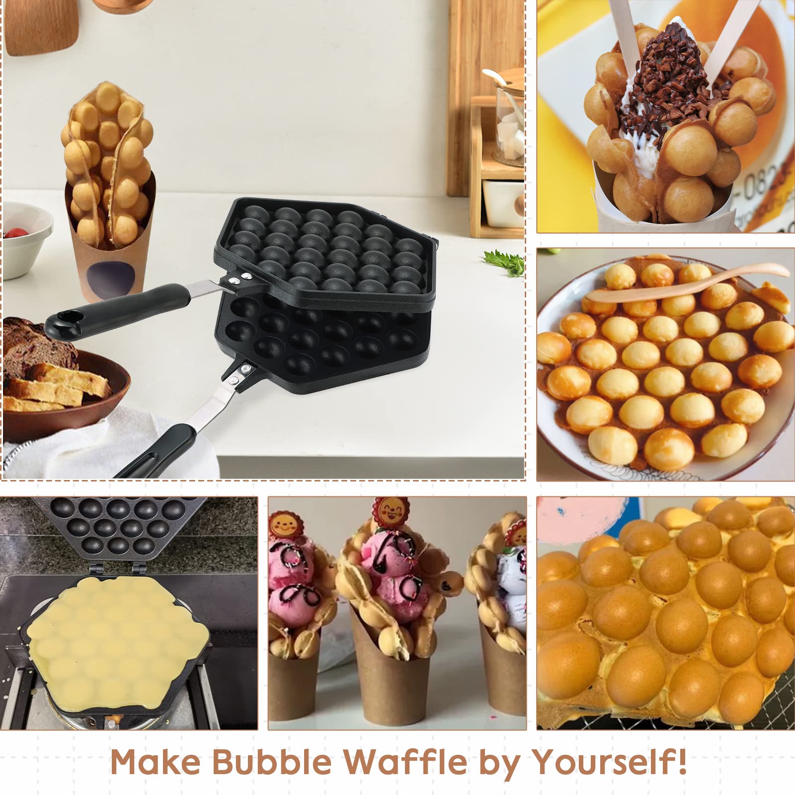 AMGSH Bubble Waffle Maker Pan Hand Held Egg Waffle Pan,Aluminum Alloy Non-stick Waffle Cake Baking Mold Plate for Breakfast Lunch Household Cafe Cake Shop Restaurant