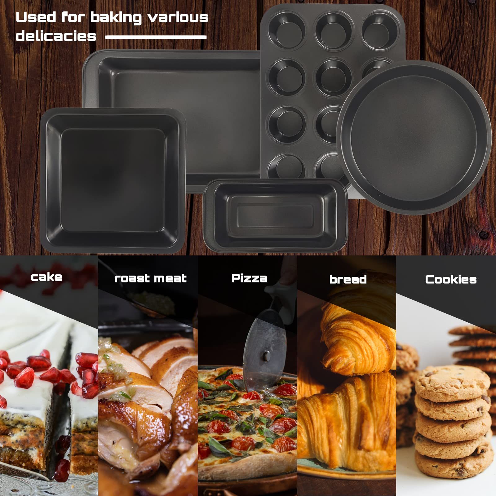 Baking Pans Sets Nonstick,5pcs Bakeware Sets with 12 Cup Cupcake Muffin pan,Round/Square Cake Pan, Muffin Pan, Loaf Pan, Roast Pan, Baking Sheets for Oven,Cookie Sheets for Baking,Toaster Oven Pans