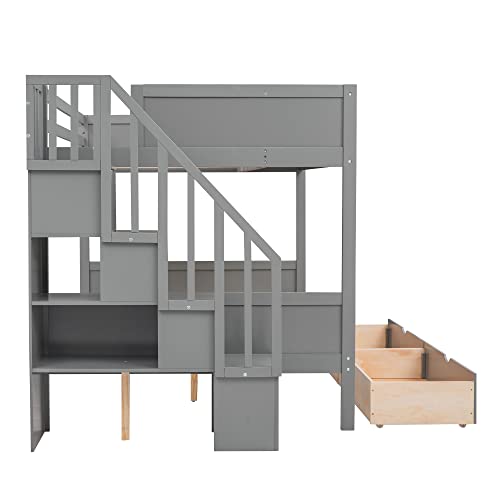 BIADNBZ Stairway Twin Over Full Bunk Bed with Stairs Storage, 2 Drawers and Shelf, Wooden Bunkbed for Kids Teens Adults Bedroom, Gray