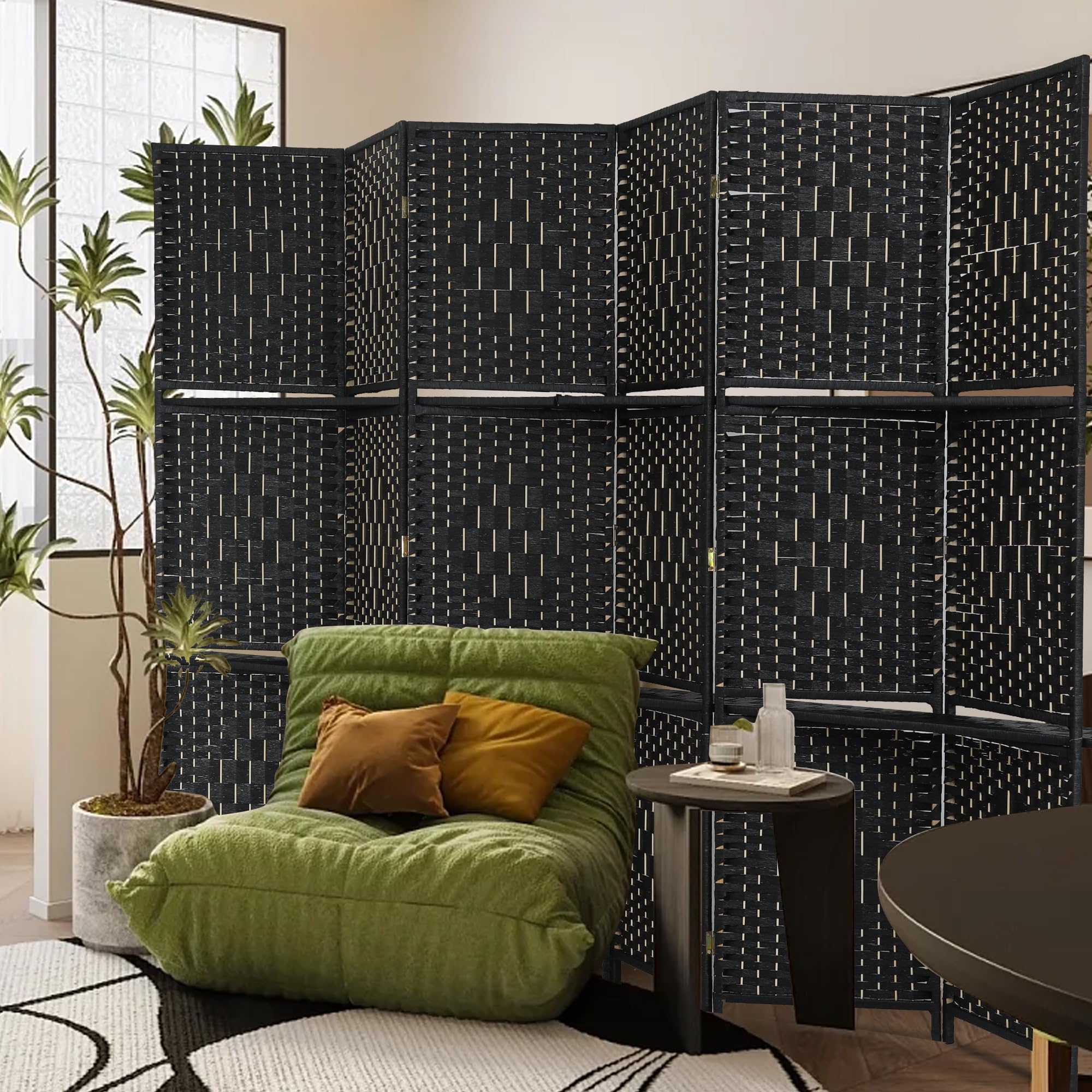 Room divider 6 panel room screen divider wooden screen folding portable partition screen wood with removable storage shelves colour,Black