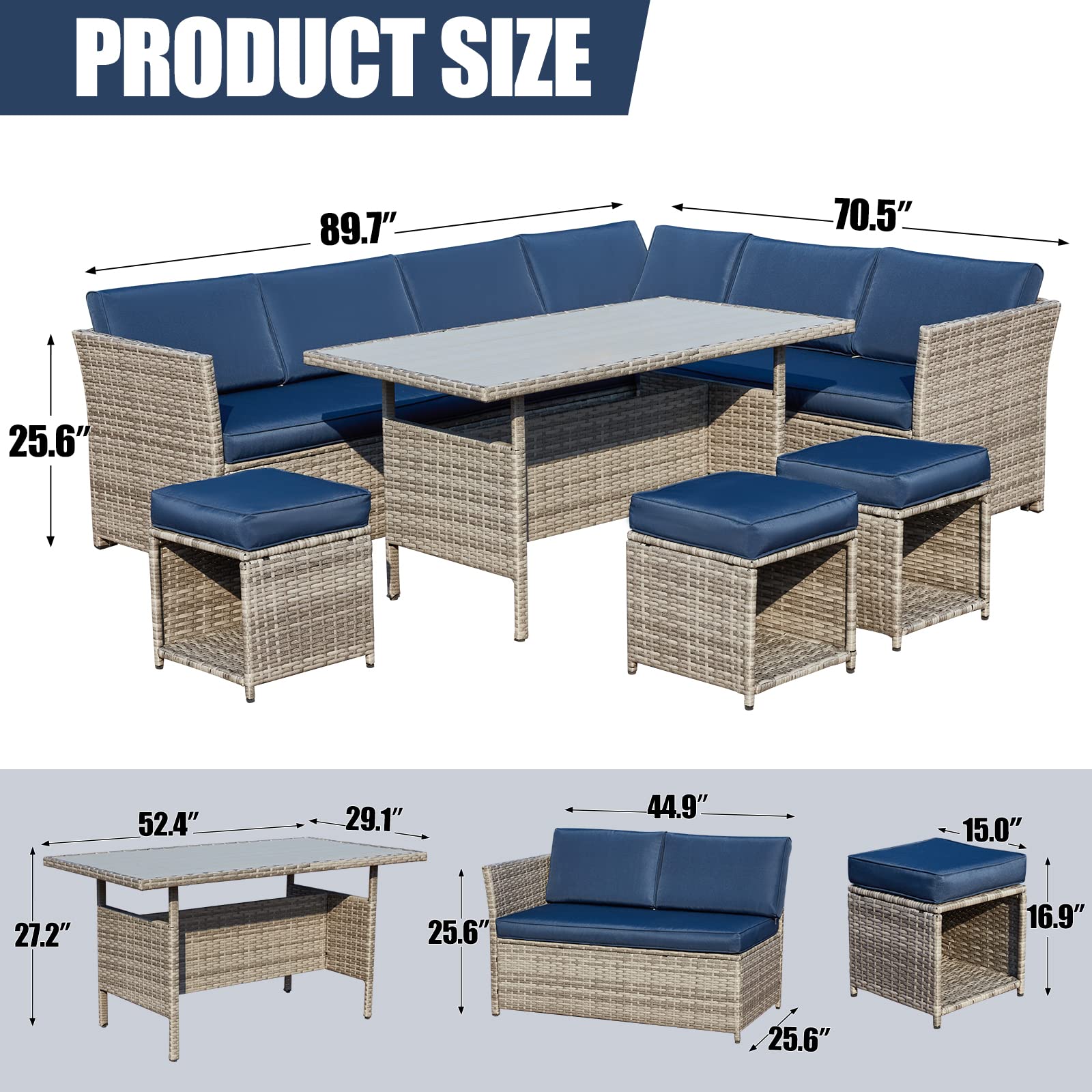 AVAWING 7 Pieces Patio Furniture Sets, Outdoor Dining Sectional Rattan Couch Sofa w/Ottoman Chairs, All-Weather Wicker Conversation Set for Lawn, Backyard, Garden, Poolside, Balcony, Blue