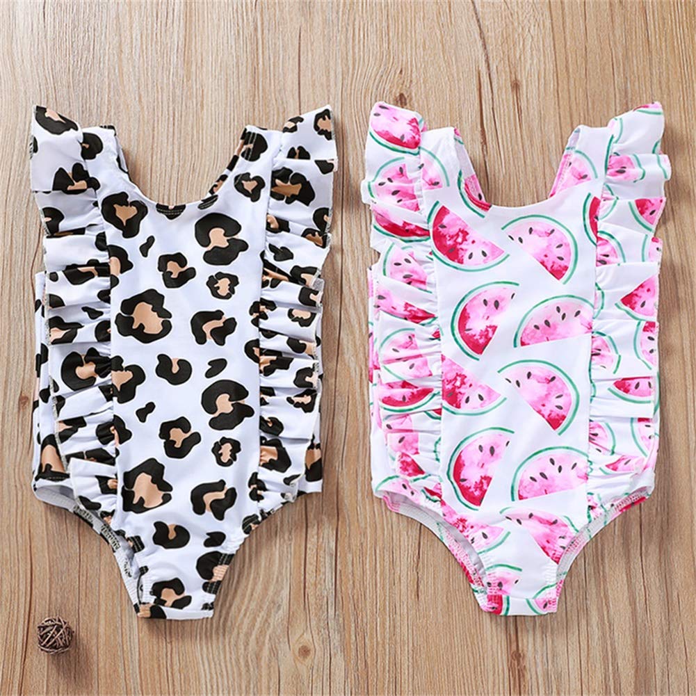 MODNTOGA Toddler Baby Girls Swimsuit Backless Ruffle One-Piece Swimwear Bathing Suit Tankini (Leopard, 110(3-4T))