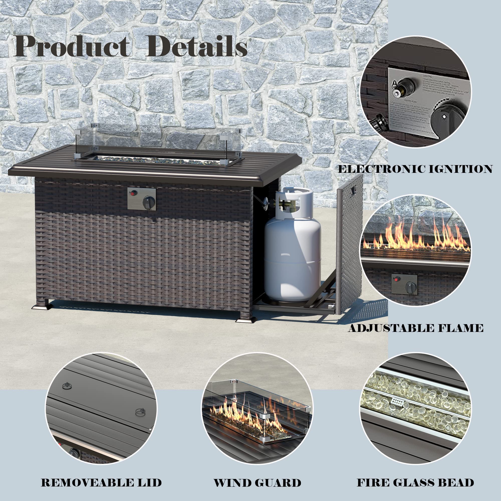 Gotland 8 Piece Outdoor Patio Furniture Set with Gas Fire Pit Table, Sectional Sofa w/43in Propane Fire Pit, 55,000 BTU Auto-Ignition Firepit w/Glass Wind Guard