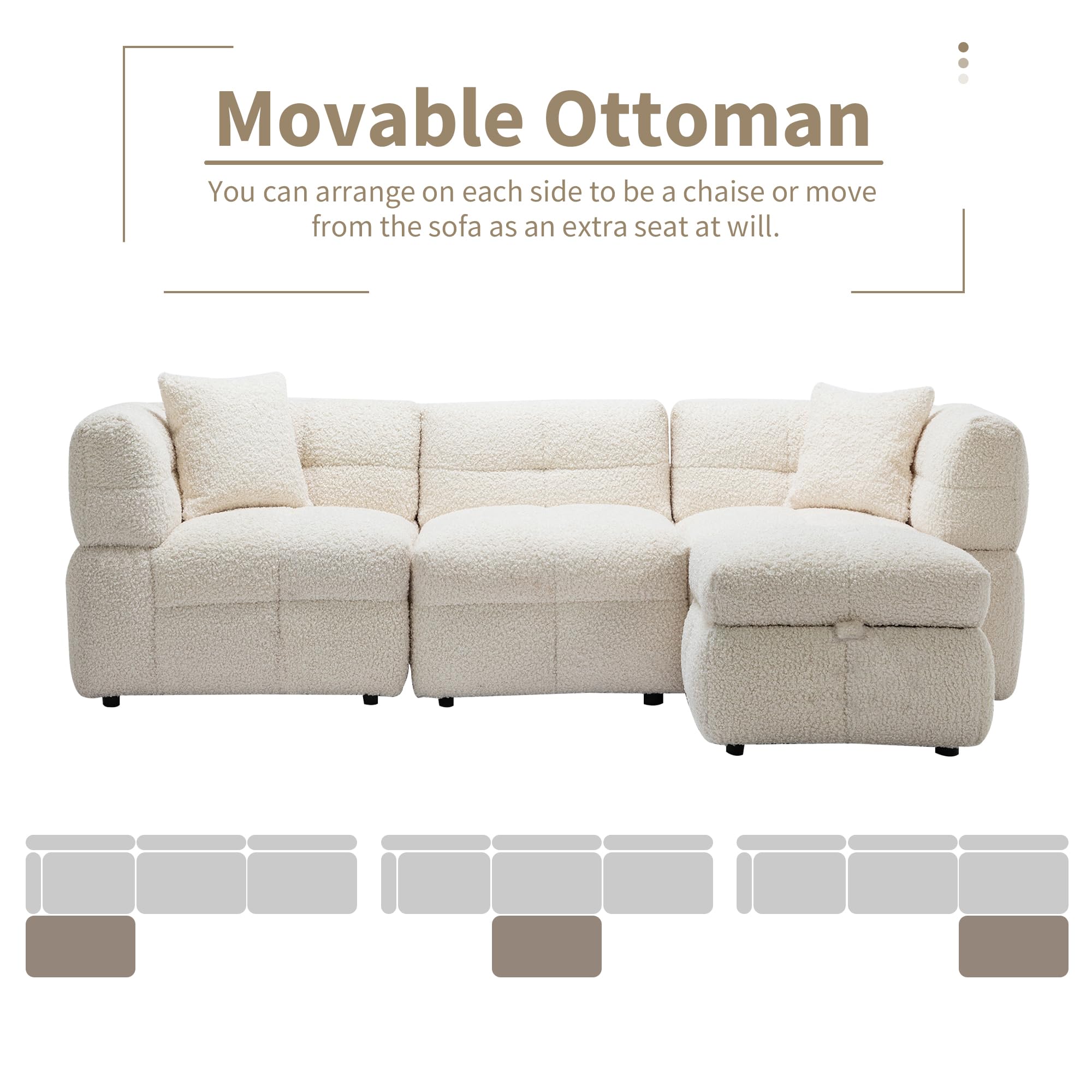 LUMISOL Large Sectional Sofa with Movable Storage Ottoman and 2 USB Ports, Teddy Fleece Fabric Sectional Sofa Couch with Lumbar Pillows, L-Shaped Sofa Couch for Living Room Apartments, Creamy White