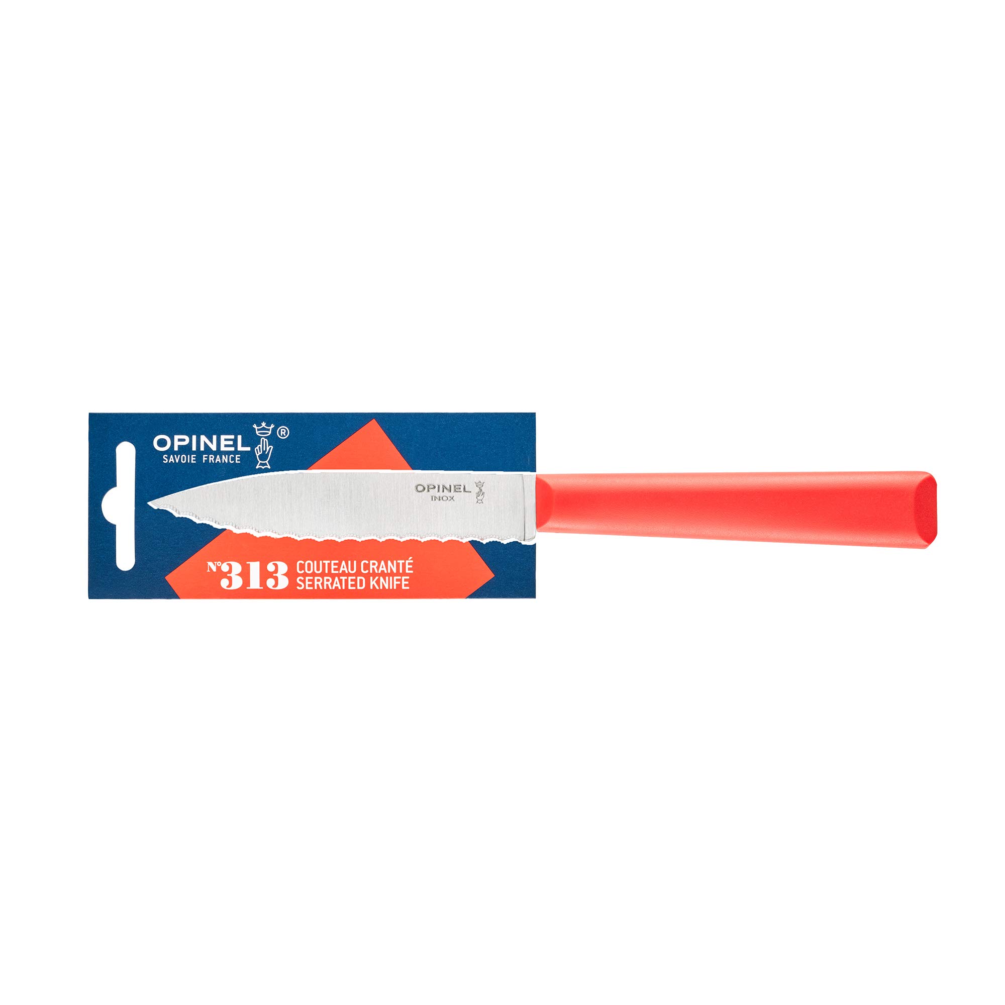 Opinel Les Essentials+ No. 313 Serrated Paring Knife, Corrosion Resistant + Dishwasher Safe, Made in France, Red