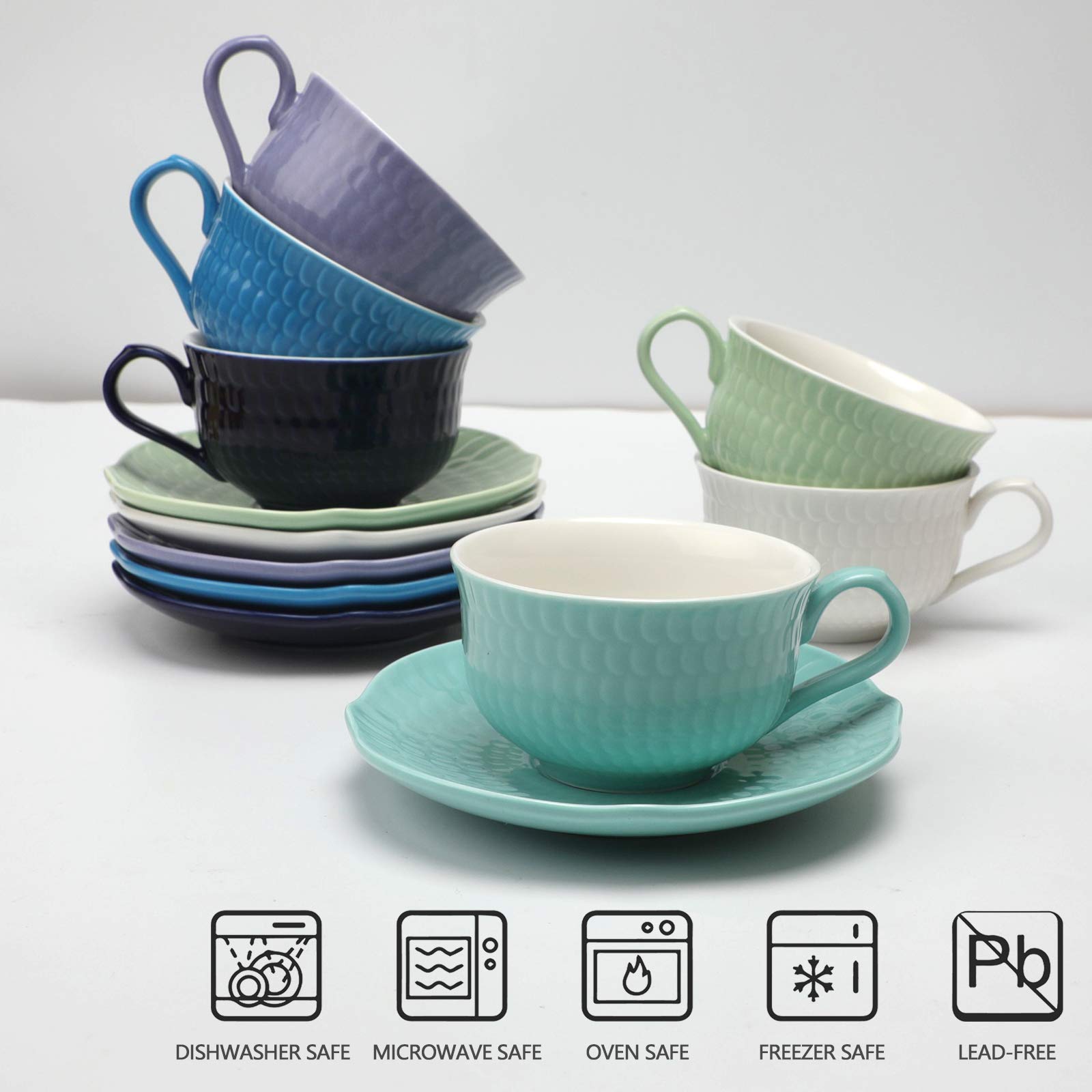 amhomel Tea Cups and Saucers Set of 6, Porcelain Espresso Cups, 4 Oz Cappuccino Cups for Specialty Coffee Drinks, Cappuccino, Cafe Mocha, Espresso and Tea-Pumpkin Design, White