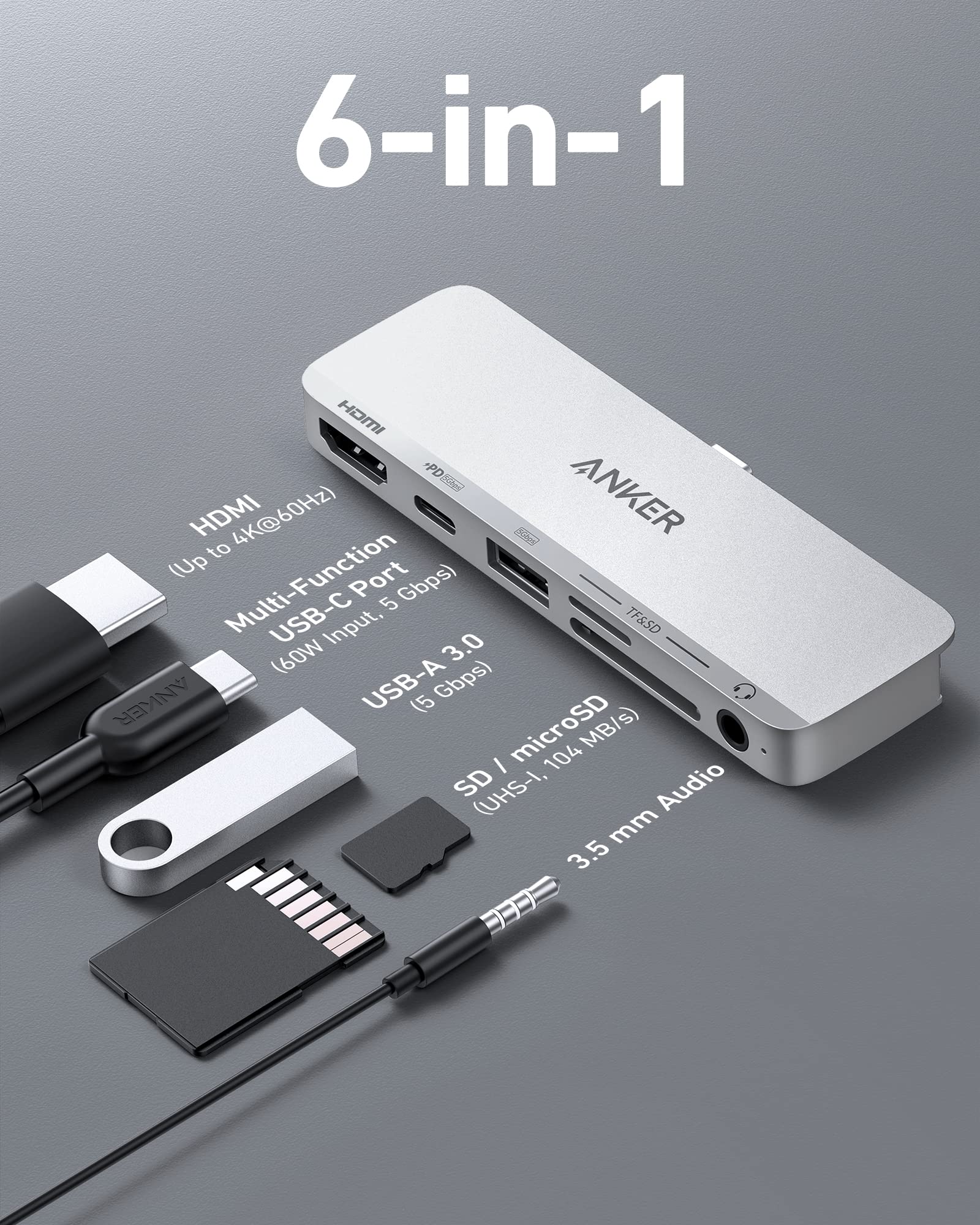 Anker USB C Hub for iPad, 541 USB-C Hub (6-in-1) with 4K HDMI Port, Multi-Function USB-C Port, USB-A Data Port (Silver) 8K@60Hz HDMI Cable