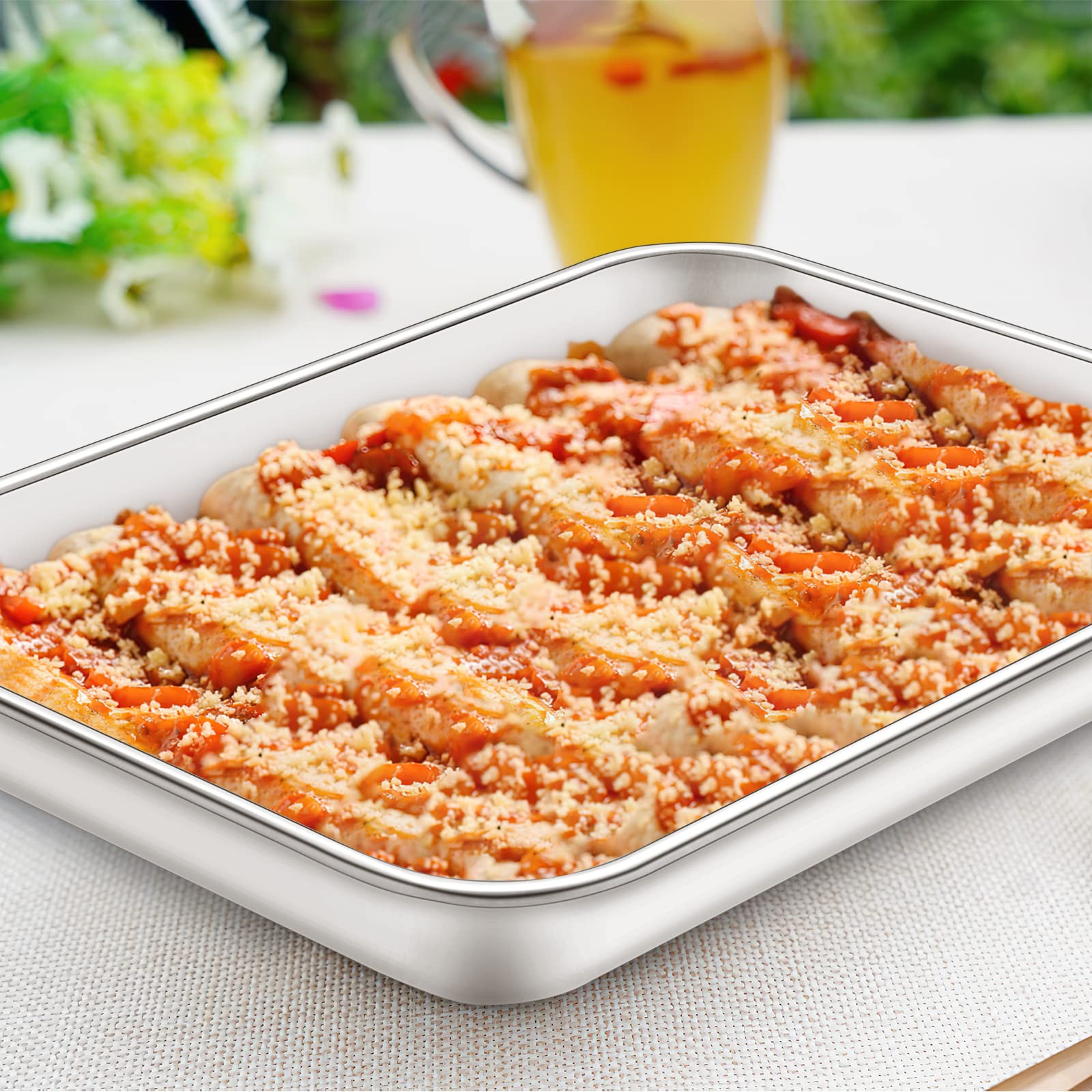 Baking Sheet with Silicone Mat Set of 4 [2 Sheets + 2 Mats], Deedro Stainless Steel Cookie Sheet Baking Pan with Silicone Baking Mat, 9 x 7 x 1 Inch, Non Toxic, Heavy Duty, Easy Clean