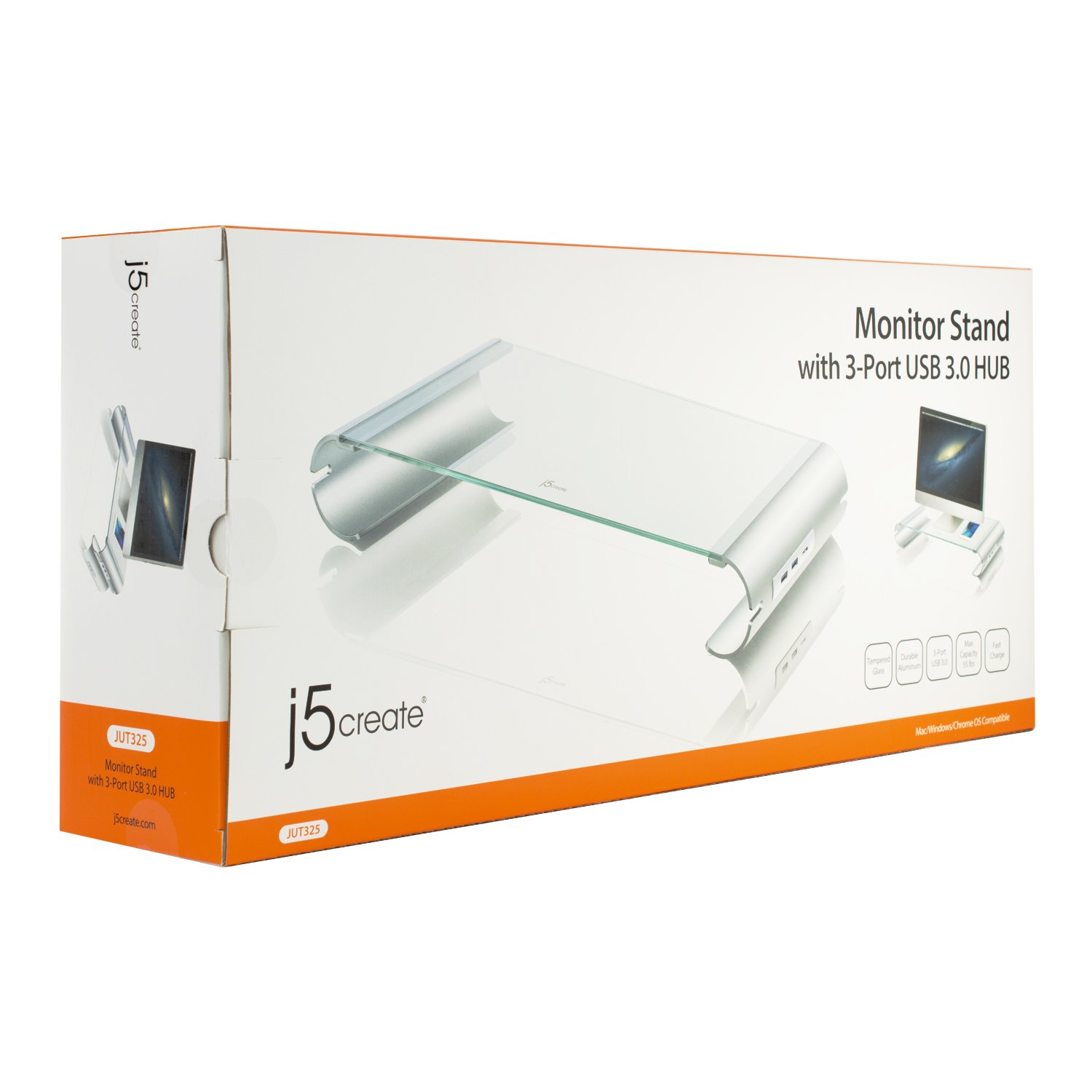 j5create Monitor Stand with 3-port USB 3.0 HUB JUT325 | Aluminium Legs and Clear Tempered Glass Monitor Riser | Compatible with iMac/Windows/Chrome/Linux Laptop, Macbook