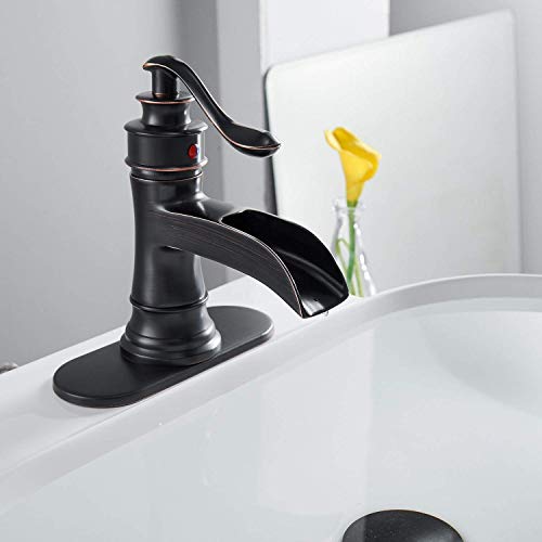 Bathroom Faucet Oil Rubbed Bronze Waterfall Sink Bath Faucets Farmhouse Spout Lavatory Vanity Deck Mount Single-Handle One Hole Matching Pop Up Drain Stopper Supply Lines Hose Lead-Free By Bathfinesse