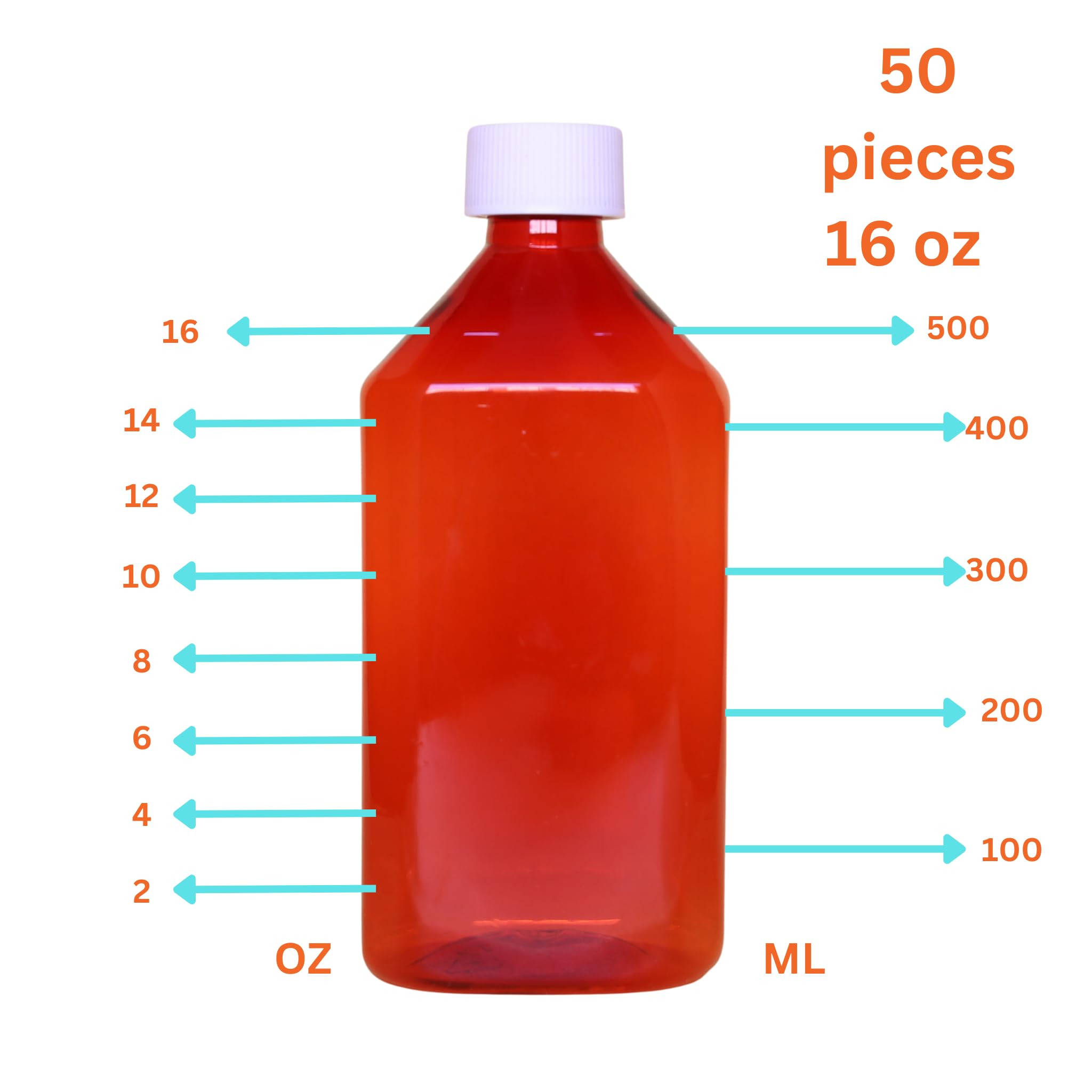 Plastic Liquid Medicine Bottle 16 oz (Case of 50 Bottles), Child Resistant Cap, Amber PET Airtight Pharmacy Bottle 16 oz, Push Down and Turn Cap, Waterproof, Reusable and Recyclable, Oval Bottles