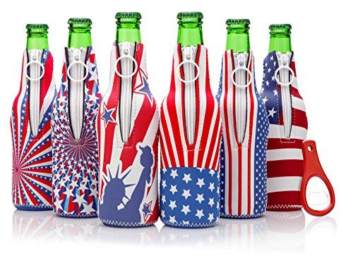 Beer Bottle sleeves - Set of 6 Zipper American Flag Theme Coolies - Extra Thick Neoprene - Fully stitched, Non-Glued Base - Bonus Bottle Opener - Trendy & Awesome Gift or Hosting Item #6USF