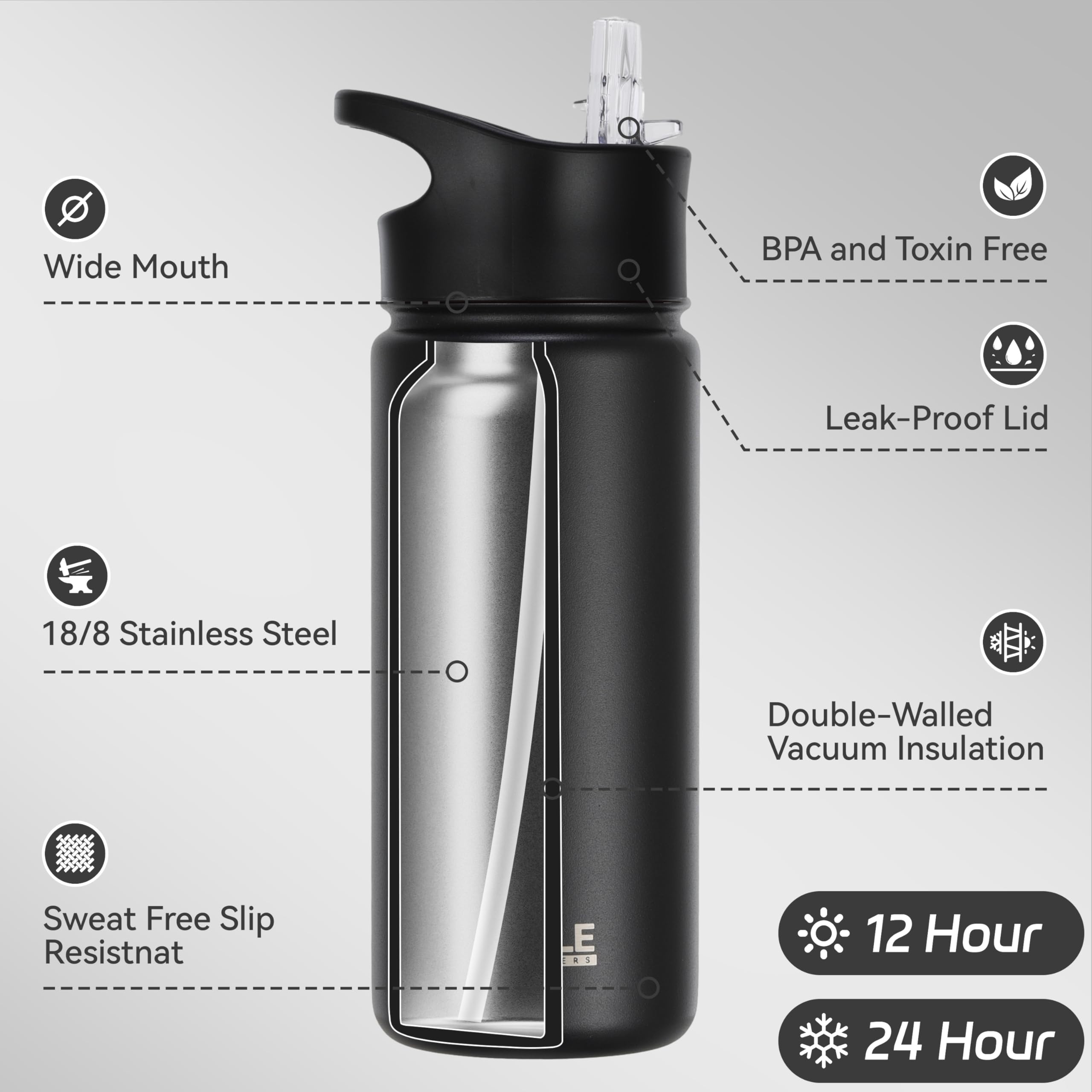 HASLE OUTFITTERS Insulated Water Bottle Kids 16 oz Double Wall Vacuum Stainless Steel Water Bottle Leak Proof for School Wide Mouth with Straw Lid & Spout Lid Keeps Cold and Hot(Black,1pack)