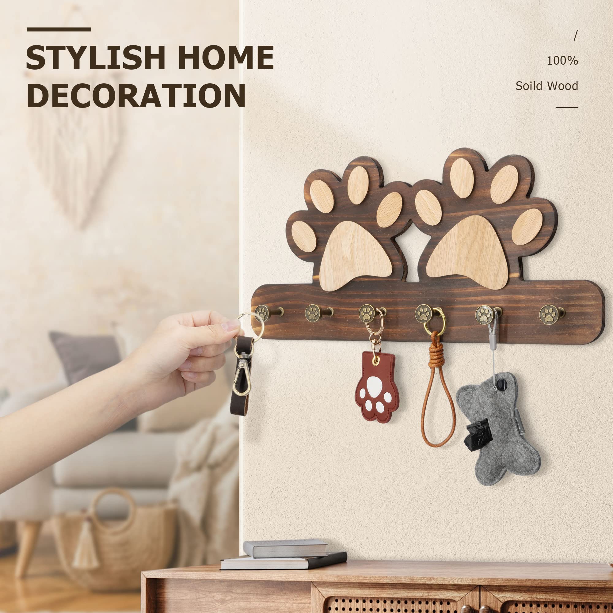 MTERSN Farmhouse Key Holder for Wall - Decorative Dog Leash Hanger Wall Mounted and Coat Rack with 5 Unique 3D Dog Claw Hooks - Dog Accessories Organizer for Rustic Home Decor(Brown)