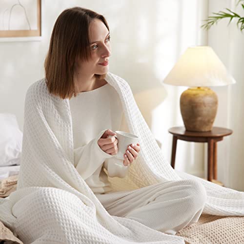 Bedsure 100% Cotton Throw Blankets for Couch - 405GSM Waffle Weave Blankets for All Seasons, Cozy and Soft Woven Blankets, Lightweight Fall Throw Blankets, White, 50x70 inches