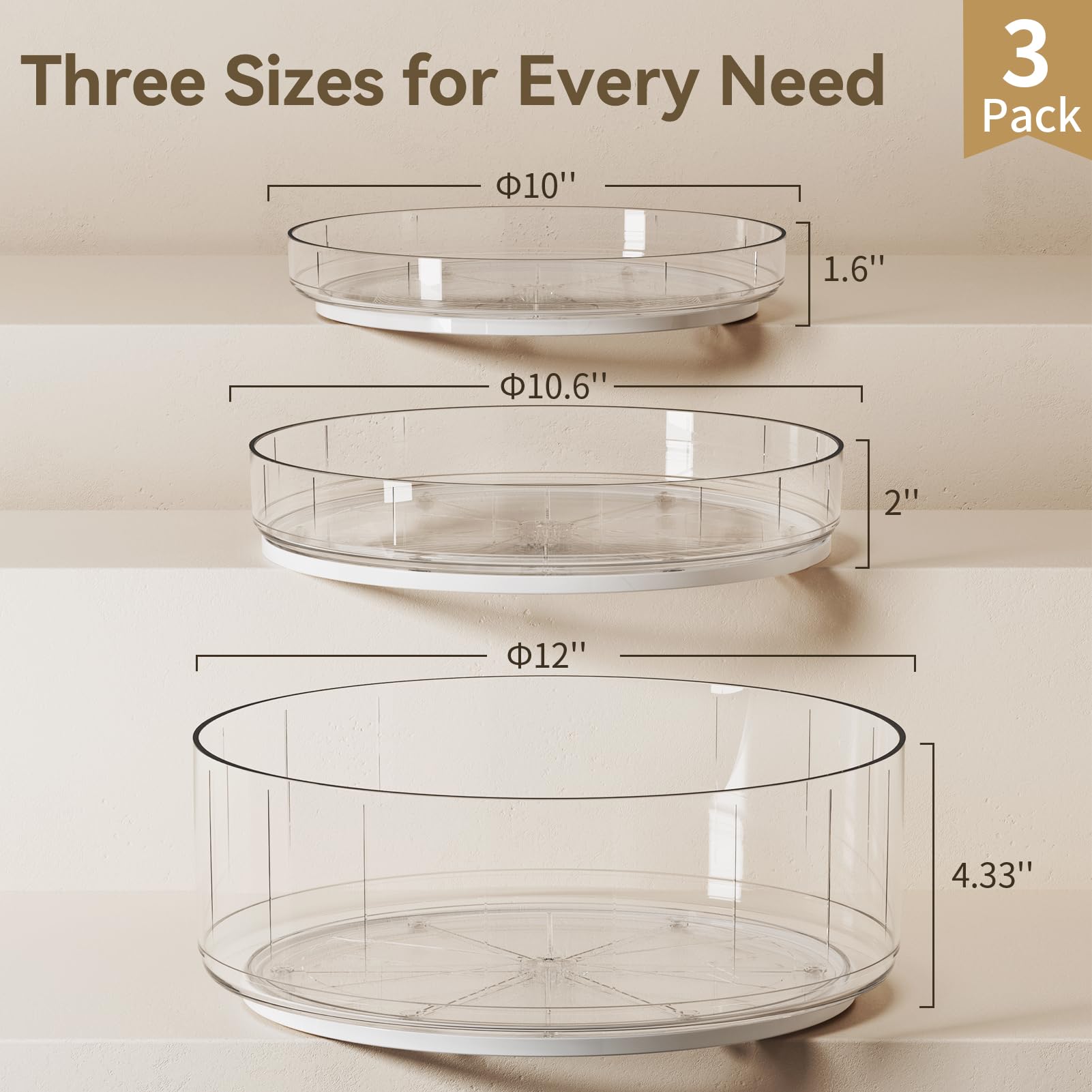 LAMU 3 Pack Lazy Suan Tunrntable Organizer for Cabinet Refrigerator 10''/10.6''/12'' with Raised Edge Rotating Spice Rack for Fridge Kitchen Pantry Organizers and Storage, Countertop, Bathroom, Clear
