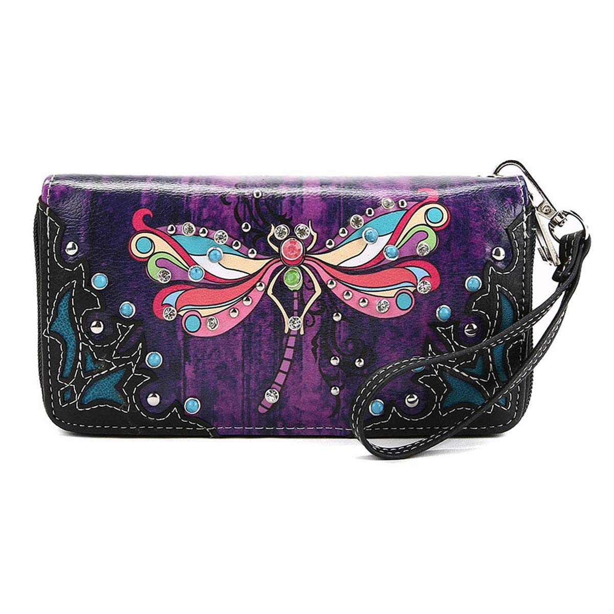 Colorful Dragonfly Western Style Spring Rhinestone Studded Purse Leather Country Handbag Women Shoulder Bag Wallet Set (#2 Purple)