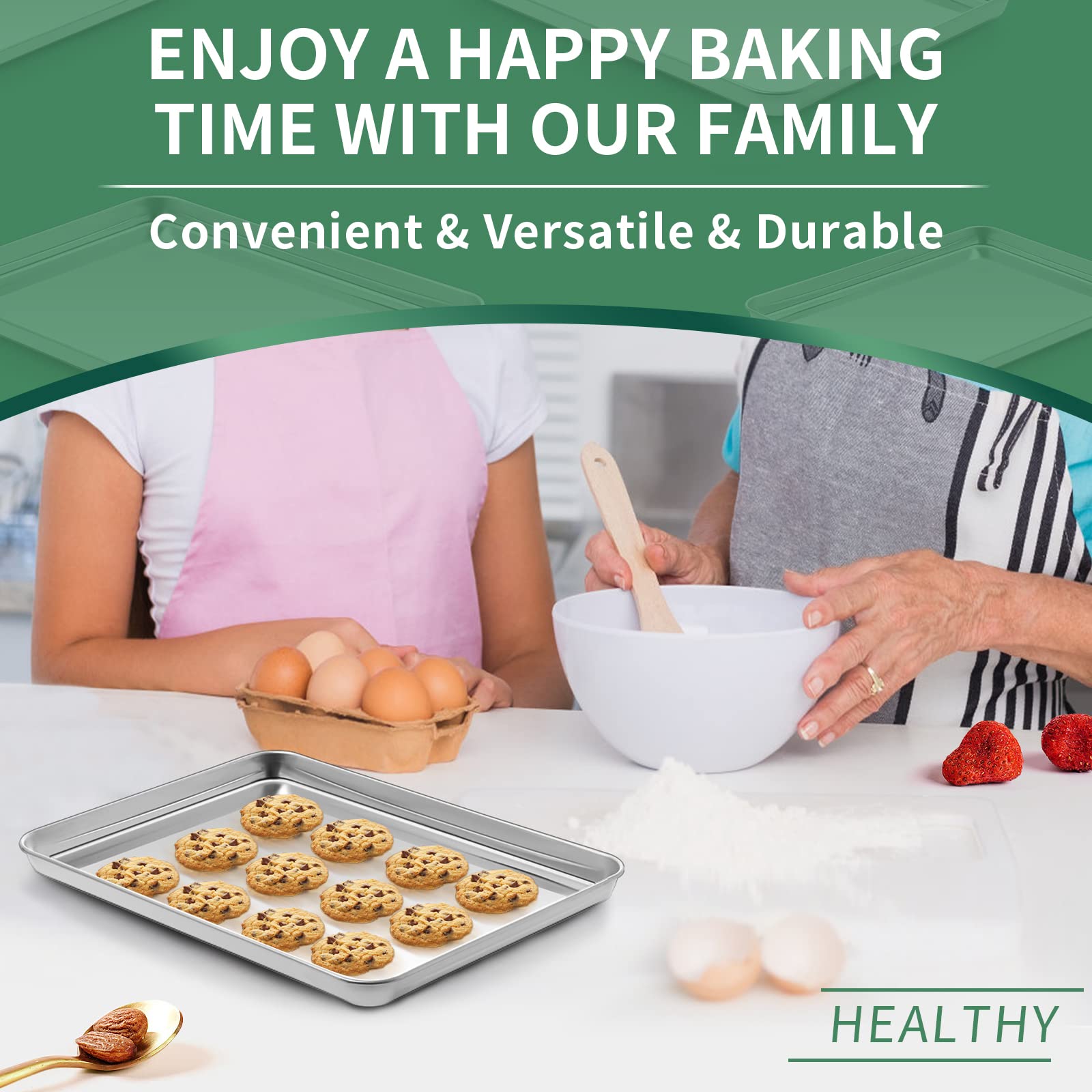 Baking Sheets Set of 2, HKJ Chef Cookie Sheets 2 Pieces & Stainless Steel Baking Pans & Toaster Oven Tray Pans, Rectangle Size 12.5Lx10Wx1H inch & Non Toxic & Healthy & Easy Clean…