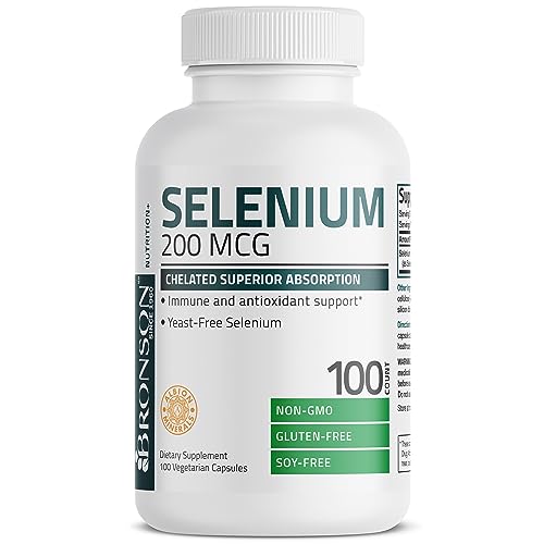Bronson Selenium 200 mcg for Immune System, Thyroid, Prostate and Heart Health โ Yeast Free Chelated Amino Acid Complex - Essential Trace Mineral with Superior Absorption, 100 Vegetarian Capsules