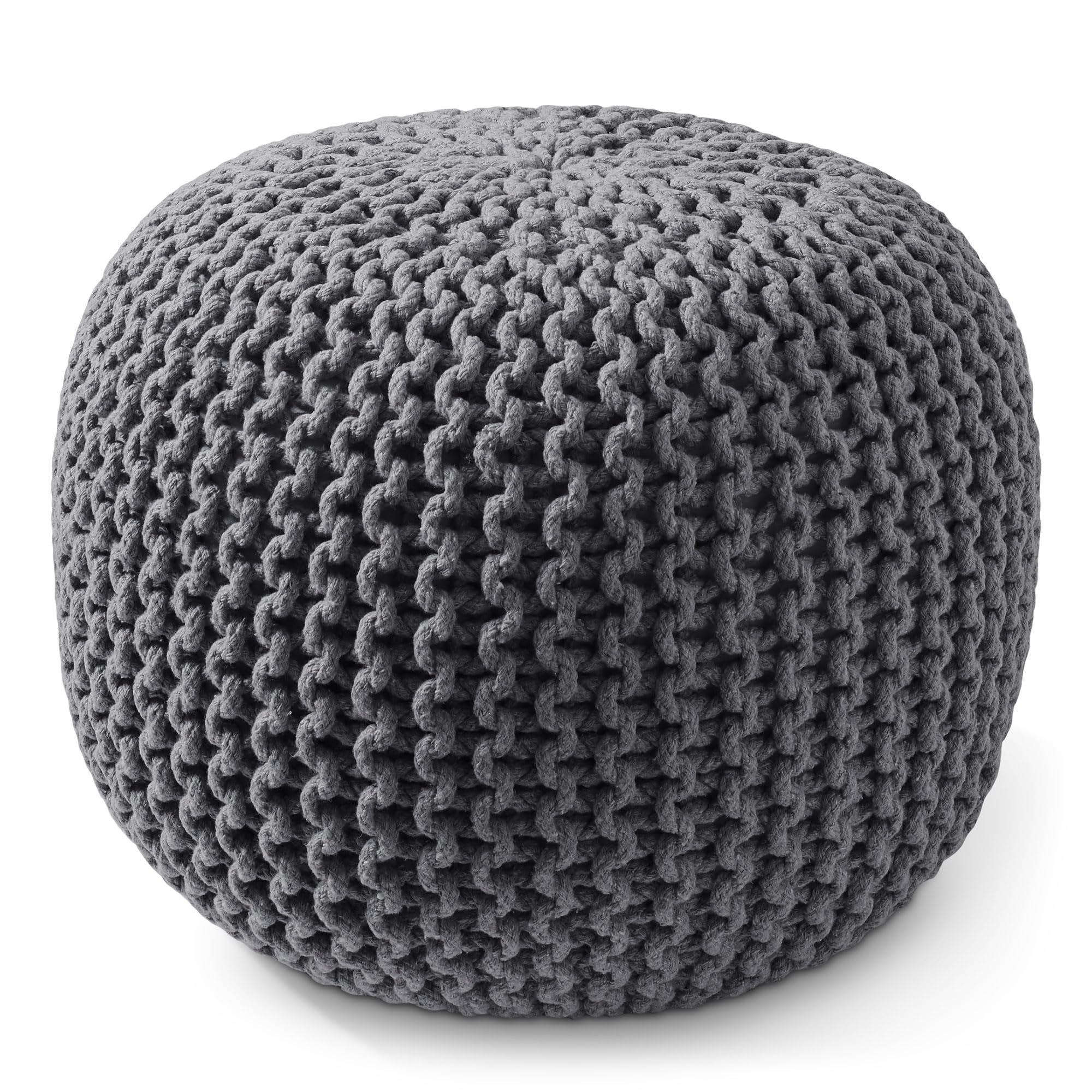 Casafield Round Pouf Ottoman, Black - 20" Diameter x 14.5" High Cotton Knit Foot Stool - Boho Floor Pouffe for Living Room, Bedroom, Home Office