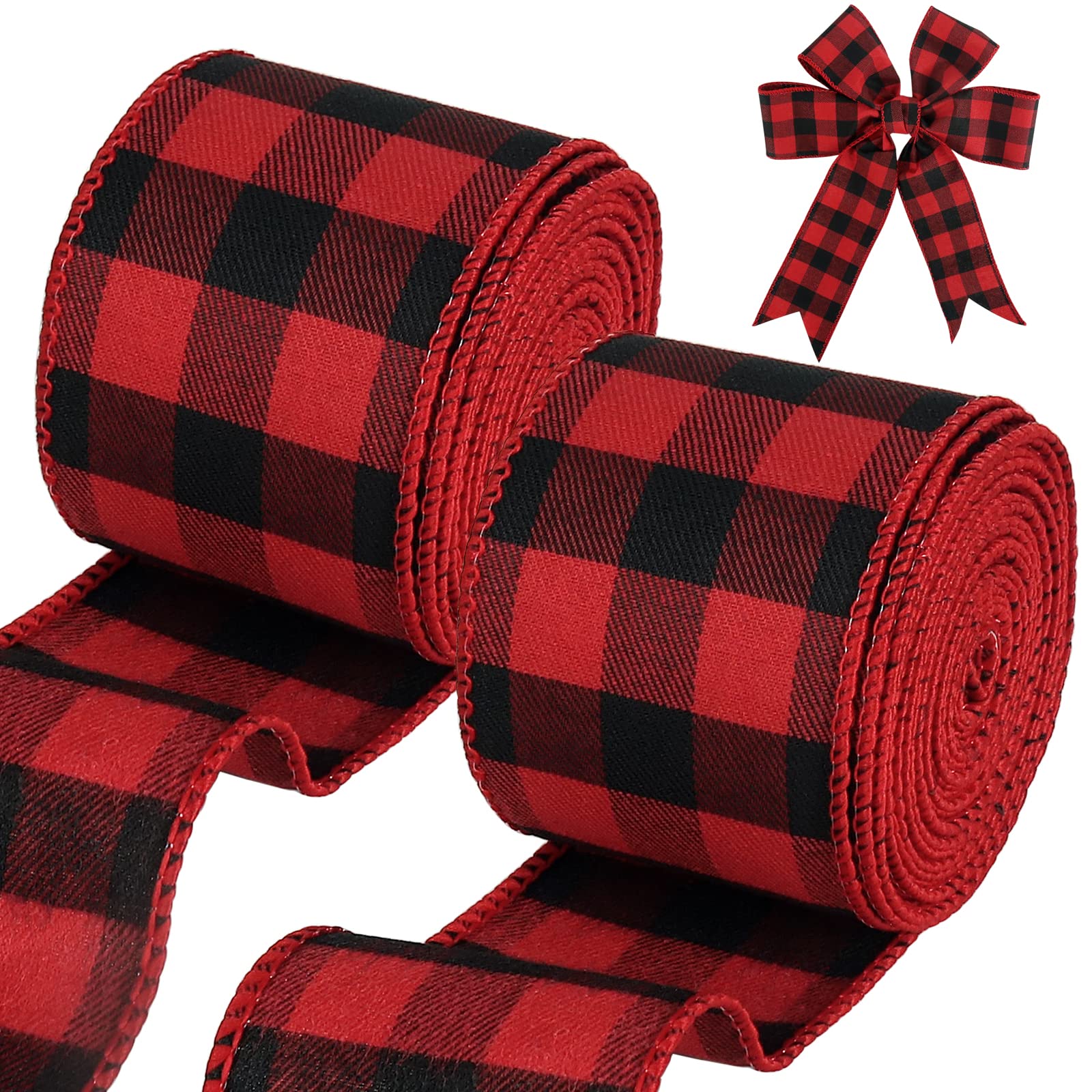 Tenn Well Buffalo Plaid Ribbon, 19.6 Yards 2.5 inch Wired Christmas Ribbon, Red and Black Plaid Ribbon for Bow Making, Gift Wrapping, Wreath Making, Christmas Tree Decoration (2 Roll x 9.8 Yards)
