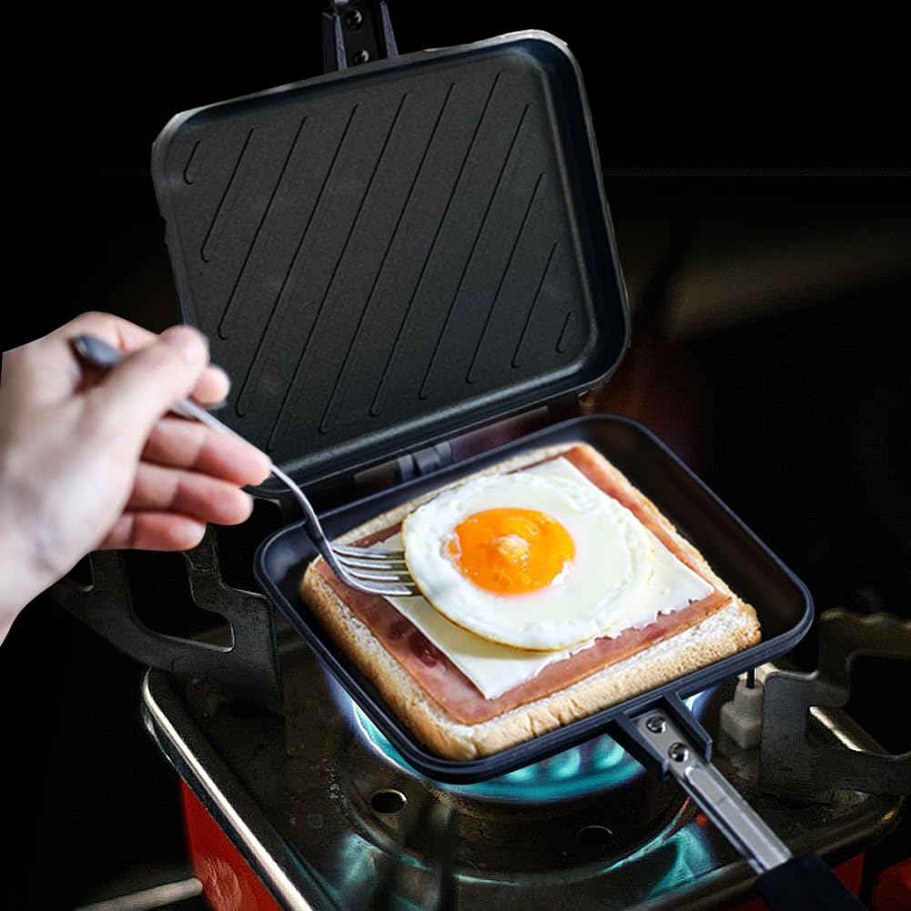 Double Sided Frying Pan, Non-Stick Pan with Heat-Resistant Handles, Egg and Sandwich Frying Pan, Multifunctional Breakfast Pan for Indoor & Outdoor Home Kitchen, 5.5 Inches, For all stove surfaces