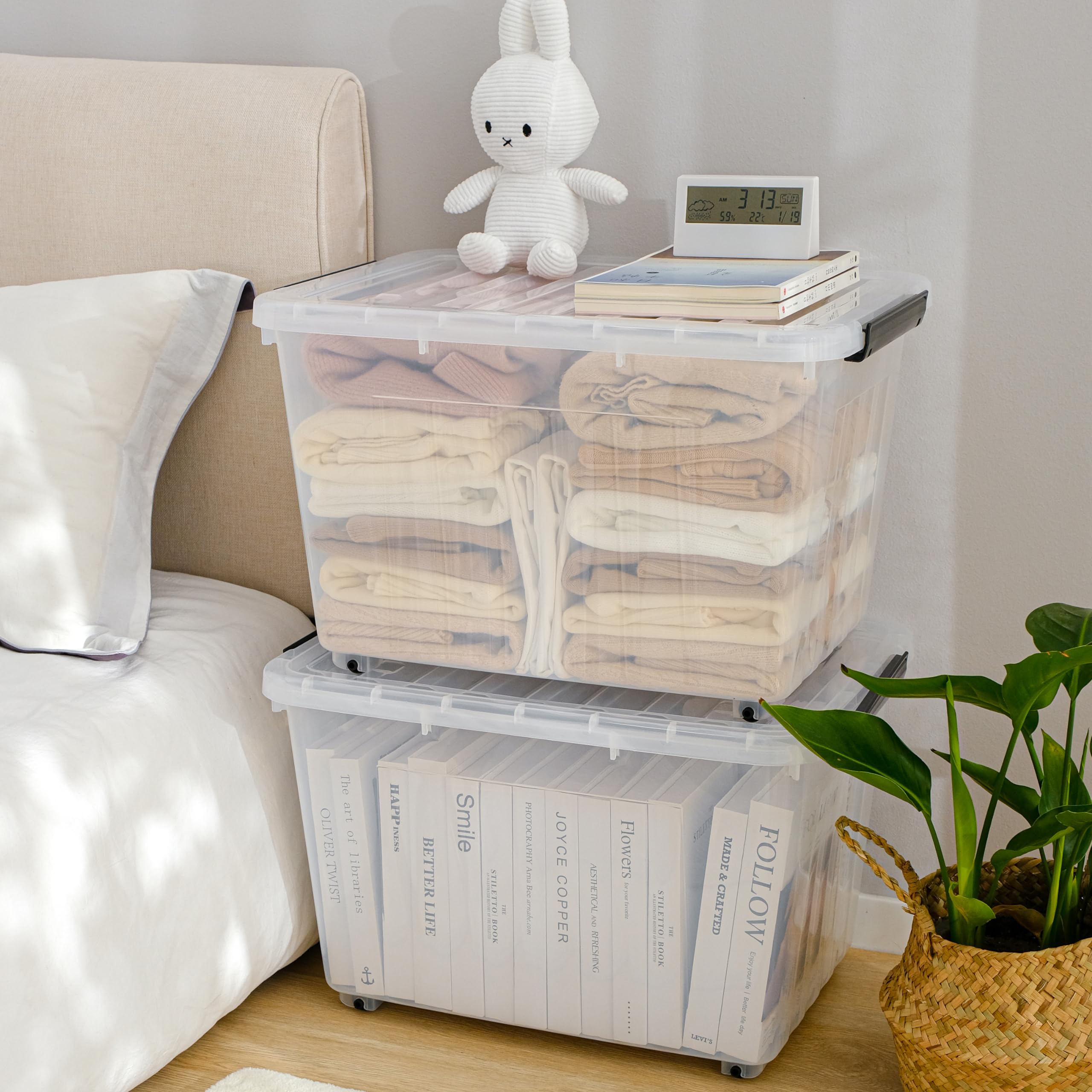 Cetomo Plastic Storage Bin Box Stackable and Nestable with Lid and Secure Latching Buckles, Clear, 60Qt x 6, Pack of 6