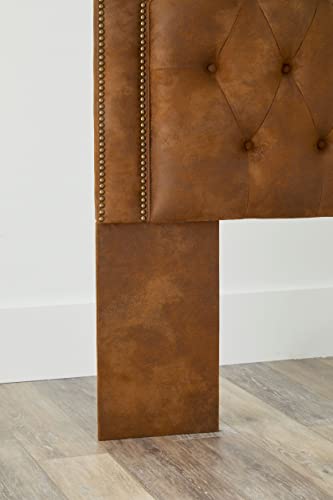 Design 59 D59 Distressed Vegan Leather Upholstered Tufted Button Queen Headboard with Brass Nailheads Queen/Full Size Headboard β Adjustable Height (Chestnut Vegan Leather)
