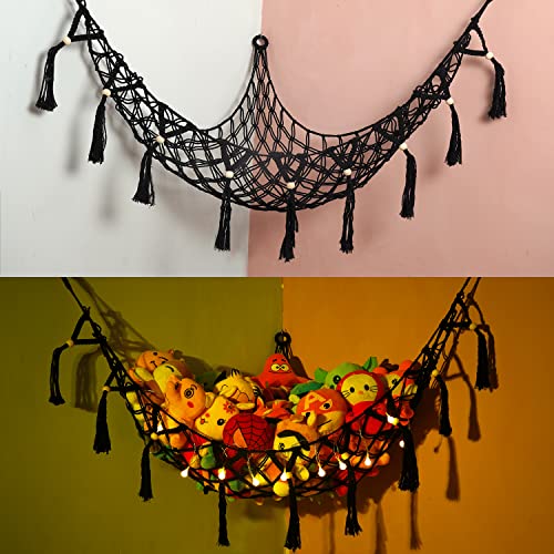 KoHuiJoo Stuffed Animal Net Hammock Macrame Boho Plush Toy Net Hammock for Stuffed Animals with Lights Stuffed Animals Corner Hanging Stuffed Animal Storage Net for Kids Bedroom Black