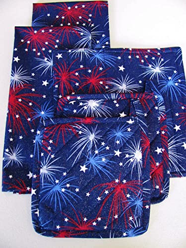 Fireworks & Stars Patriotic Cloth Napkins (Set of 2) Made in USA Patriotic Cotton Navy Blue/Red/White Glitter