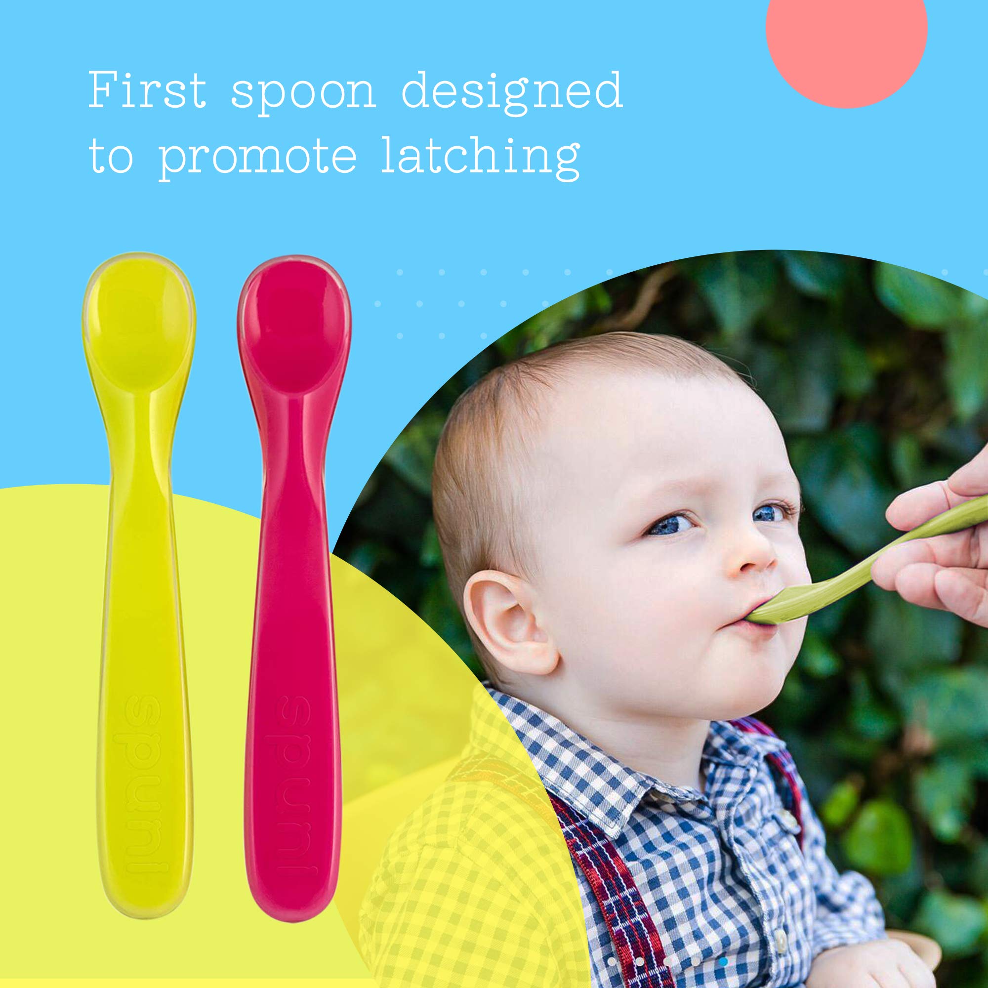Spuni - Baby Spoon, Medical-Grade Soft Plastic Infant Feeder, Feeding Spoons for Babies (8 months+), Neon Green & Playful Pink, 2 Pack