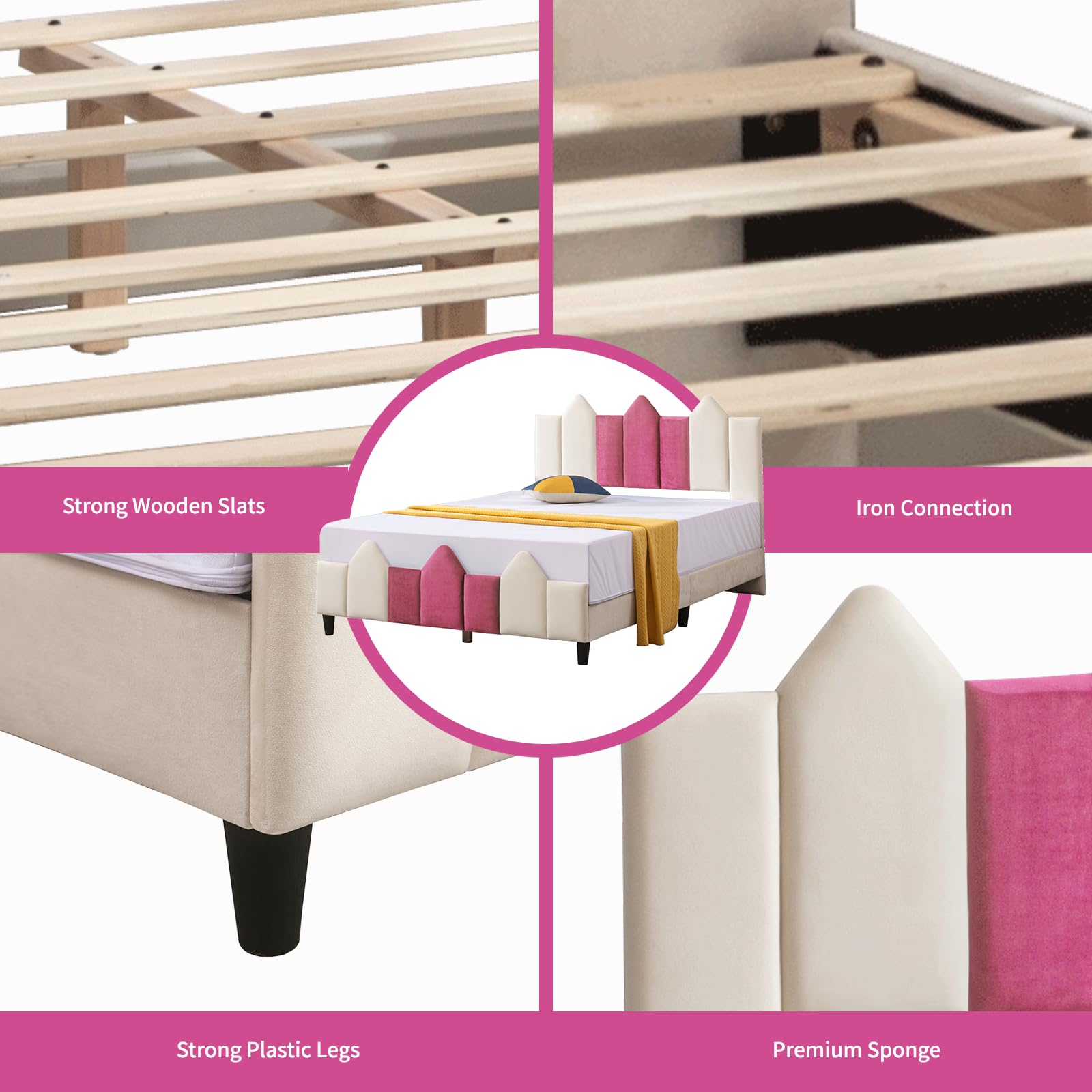 Mixoy Twin Size Kids Bed Frames,Upholstered Twin Platform Bed Frame for Children with Headboard,Toddler Bed for Girls, Teens,No Box Spring Needed, Easy Assembly(Pink/White,Twin)