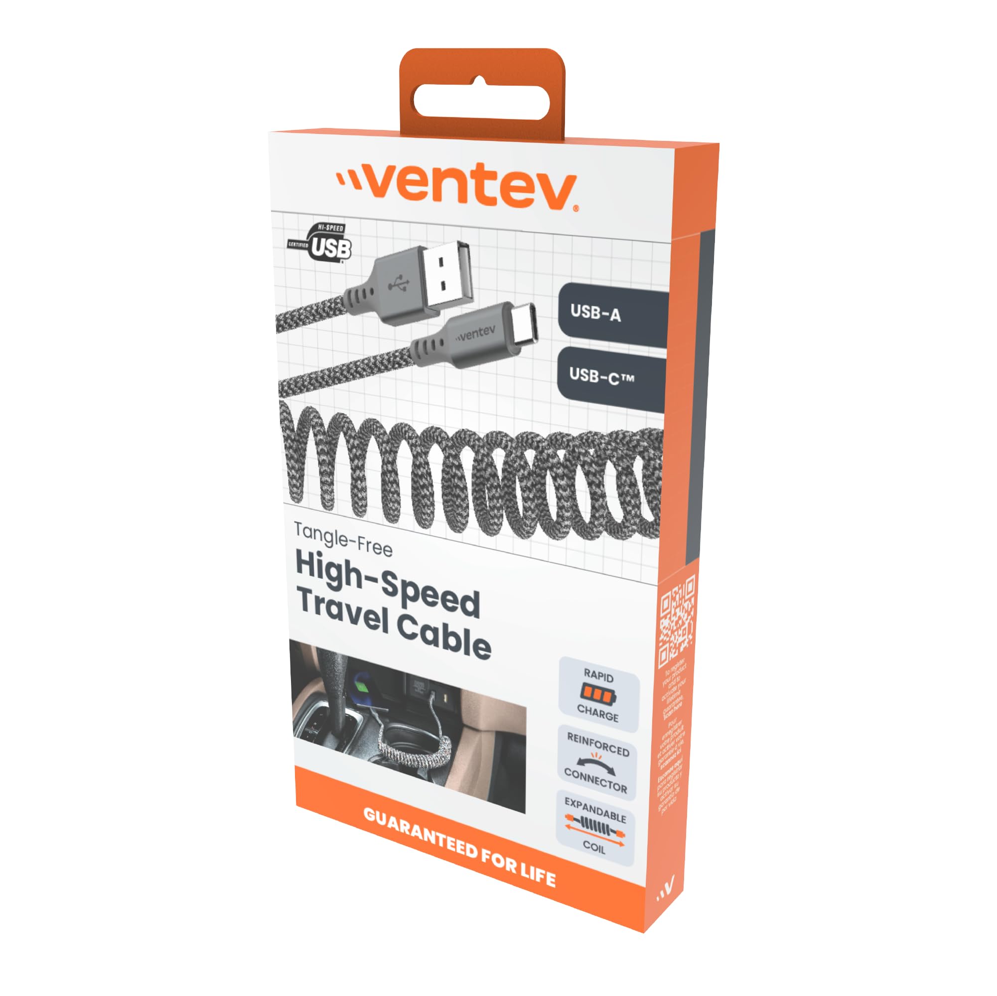 Ventev - Chargesync Helix Cable 14" USB A to USB C, Cloth Covered, Flexible Elastic Recoil Design, Fast Charging, Compatible with iPhone 16/16 Pro/15, MacBook, iPad Pro, Samsung Galaxy S25 - Gray