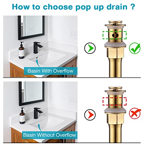 Bathroom Sink Drain with Overflow, Brushed Gold Sink Drain for Bathroom Sink, Universal Stainless Steel Gold Sink Drain, Pop Up Drain Stopper with Detachable Basket