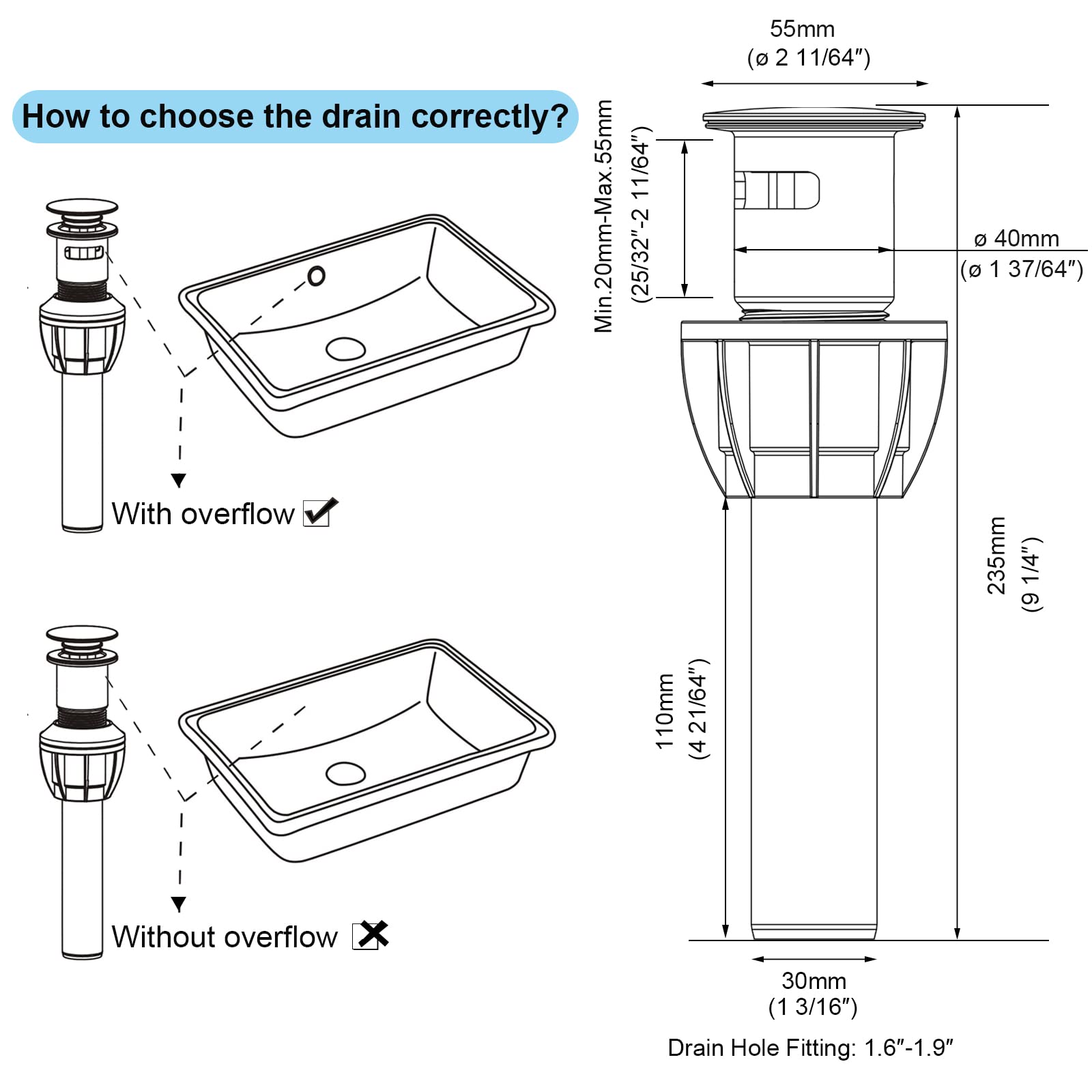 Bathroom Sink Drain, Pop Up Drain Stopper with Overflow, Lavatory Vanity Vessel Sink Drain Assembly, Matte Black