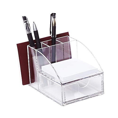 Ikee Design Acrylic Premium Desktop Office Supplies Organizer with Post It Note Pad Holder, Mail Storage and 3 Pencil Slots, Office Tool Storage Case, 3 7/8" W x 5 7/8" D x 3 1/2" H