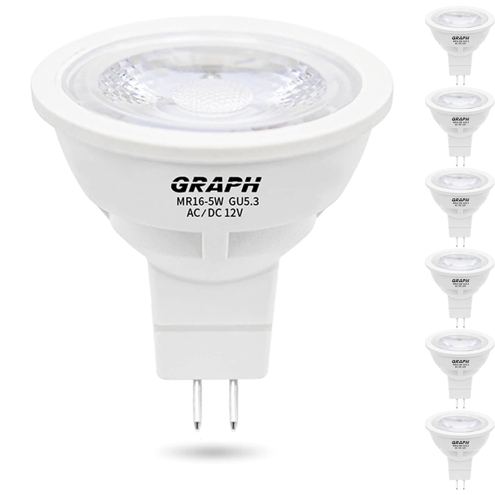 5W MR16 LED Light Bulb, 5000K Daylight, 50W Halogen Bulb Equivalent, 500 Lumens, 38 Degree, AC/DC12V, GU5.3 Base, Non-Dimmable, 6 Pack, by Graph