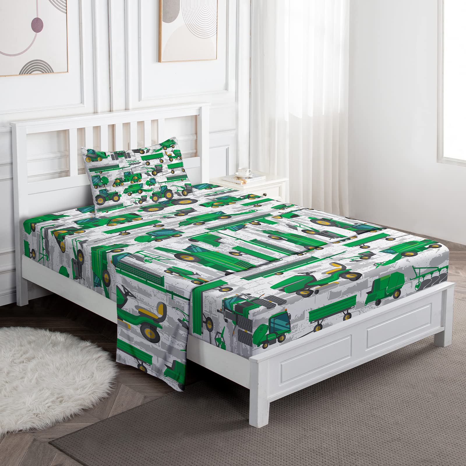 Jekeno Full Size Kids Bedding Sheet Linen Set, Excavator Car Printed Bedroom Decor Bed Sheet Set with Deep Pocket Fitted Sheet + Flat Sheet + 2 PCS Pillowcases for Children Teenager