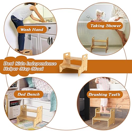 C&AHOME Wooden Toddler Step Stool - Kids Step Stool for Bathroom Sink - Wood Child Step Stool Non-Slip - Sturdy Natural Wood Two Step Stools with Handles for Kids