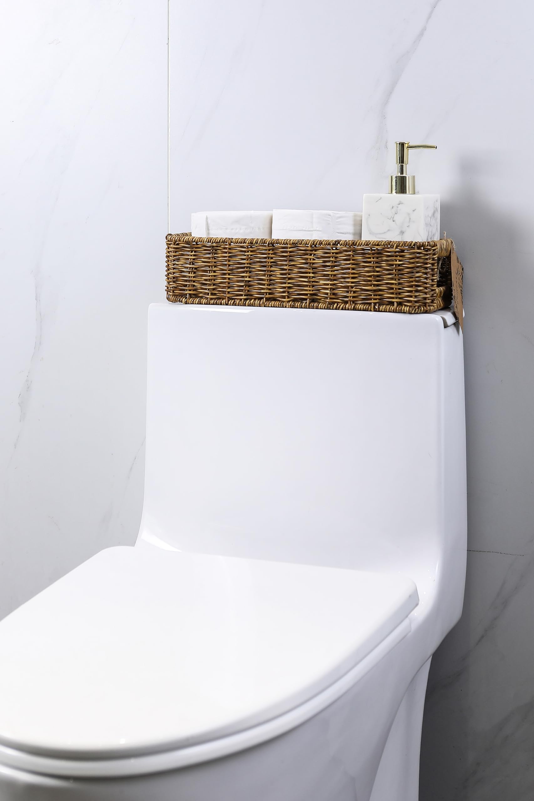 UPINFREESmall Wicker Baskets, Wicker Toilet Basket Tank Topper,Toilet Paper Basket for Back of Toilet Tank Top, 1-Pack