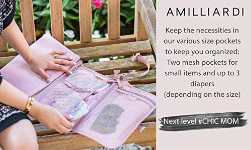 AMILLIARDI Stylish Diaper Changing Pad Portable with Credit Card Holder, Changing Mat, Removable Pad for Baby, Infant, Newborn, Travel, Hook-on Shoulder Strap, 3 Zipped Pockets (Light Pink)