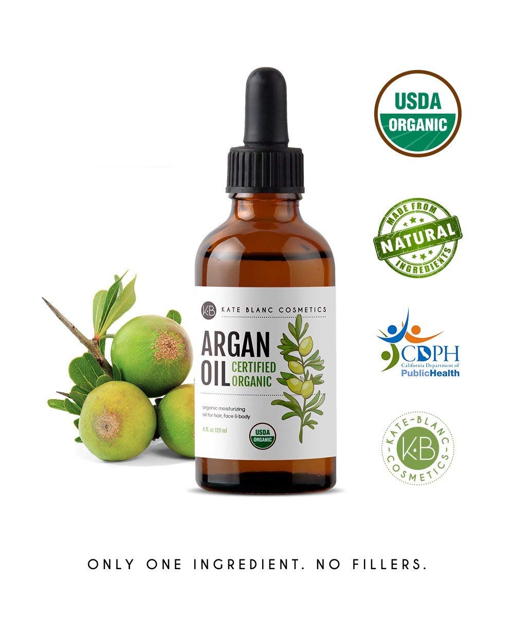 Kate Blanc Cosmetics Argan Oil for Hair, Face & Skin from Morocco. Promotes Hair Growth (4oz, USDA Certified Organic, Cold Pressed & 100% Pure, Light)