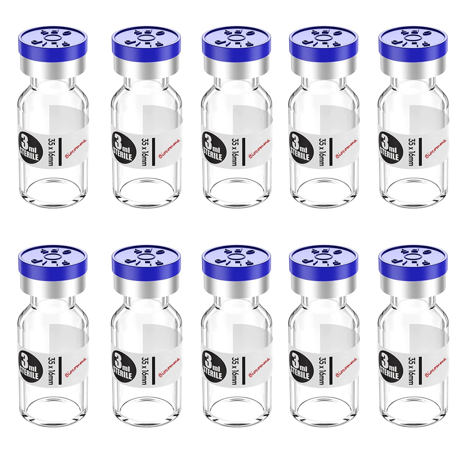 Biocomma 3ml 10pcs Sterile Empty Vial with Plastic Aluminum Flip Off Caps,Penicillin Bottle 13mm Crimp Top Sterile Transparent Borosilicate Lab Sample Vial (Transparent)