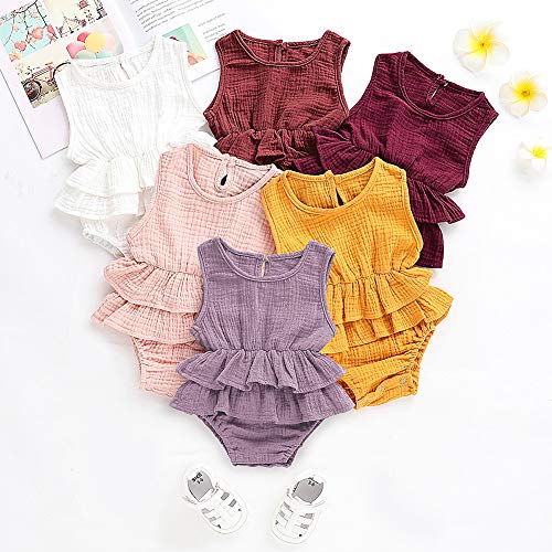 Yoawdats Newborn Baby Girl Romper Cotton Linen Bodysuits Ruffle Sleeve Summer Jumpsuit Outfits Clothes (0-6 Months, Y Pink)