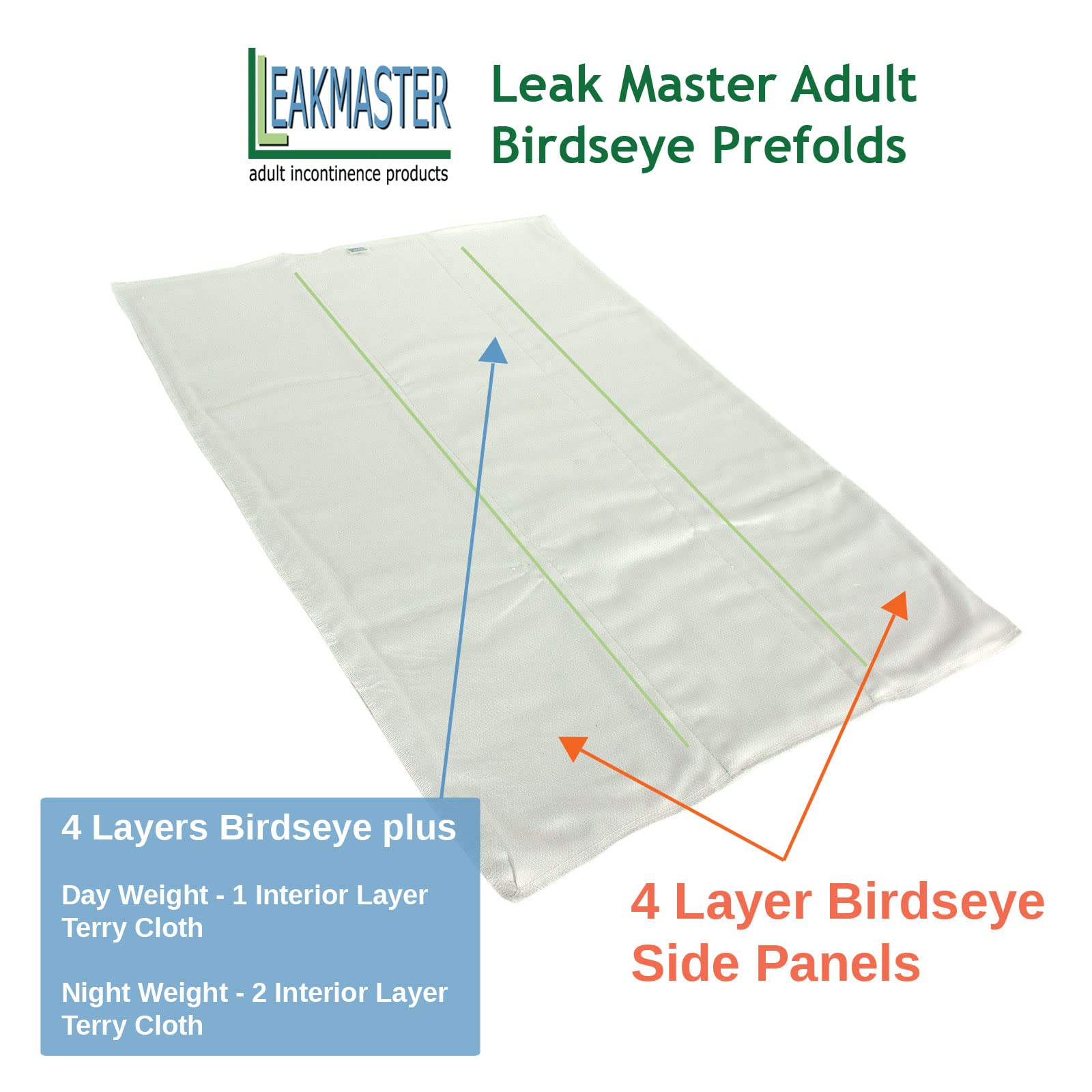 LeakMaster Adult Prefold Cloth Diapers Birdseye Weave - 100% Cotton Adult Reusable Diapers - Soft & Durable - Sewn in The USA - Night Weight - Size Large