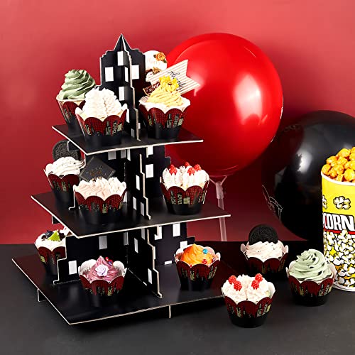 City Skyscraper Cupcake Stand 3 Tier with 24 Pcs Building Party Cupcake Wrappers Cardboard Cupcake Tower Black Skyscraper Dessert Stands for Birthday Table Decor Christmas Party Favor