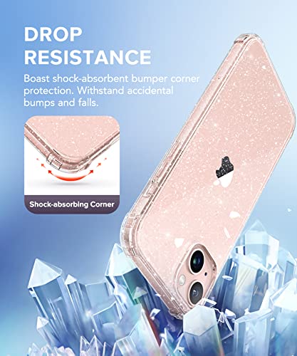 BERFY 5 in 1 for iPhone 13 Case Glitter, with 2X Screen Protector + 2X Camera Protector, [Not Yellowing] Sparkly Bling Shockproof Hard Back Slim Protective Phone Cover for Women, 6.1" (Glitter Clear)