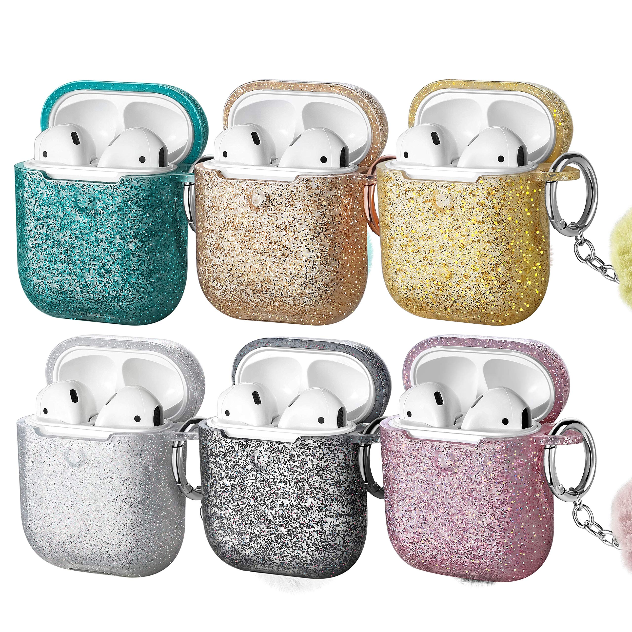 Airpods Case, DMMG Airpods Case Cover Silicone Skin, AirPods Protective Bling Glitter Case with Fluff Ball Keychain, Scratch Proof and Drop Proof for Apple Airpods 2&1